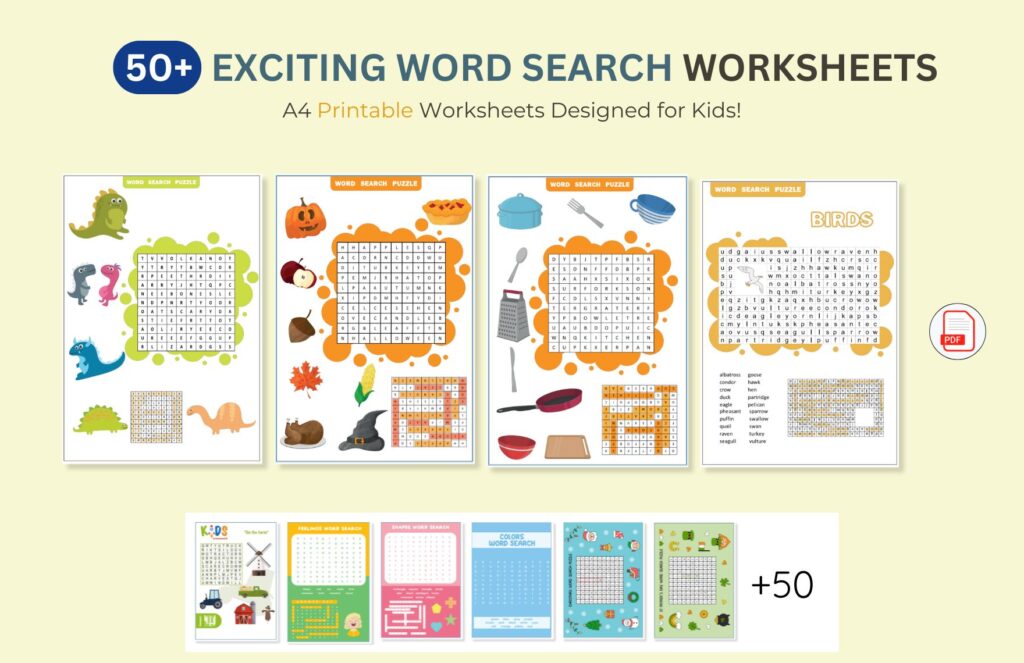50+ Exciting Word Search Worksheets – Set B for Kids (A4 Size Printable ...