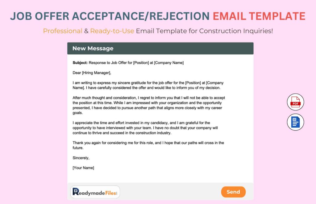 Job Offer Acceptance/Rejection Email For Construction - Readymade Files