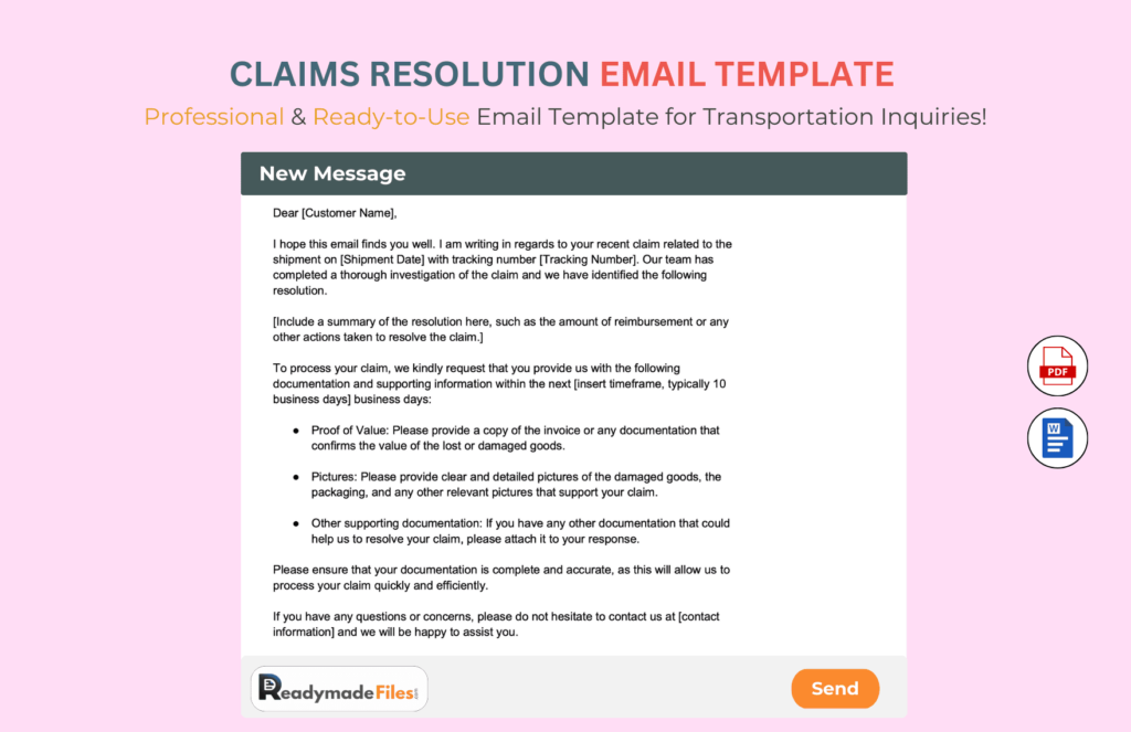 Claims Resolution Email Template For Transportation - Readymade Files